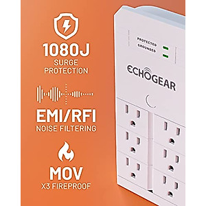 ECHOGEAR On-Wall Surge Protector with 6 Pivoting AC Outlets & 1080 Joules of Surge Protection - Low Profile Design Installs Over Existing Outlets to Protect Your Gear (White)