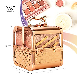 Ver Beauty Makeup Box Cosmetic Train Case with Clear Armored Acrylic Jewelry Organizer with 2 Tiers Trays and Mirror Lockable Portable Travel Cosmetic Display Aluminum Case (Rose Gold Diamond)
