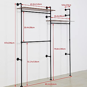 EDCB Industrial Pipe Clothing Rack with 2 Shelves, Clothes Rack Wall Mounted Heavy Duty Hanging Rack Clothing Store Display Stands Garment Rack Closet System(Black, 96.5x80.7inch)