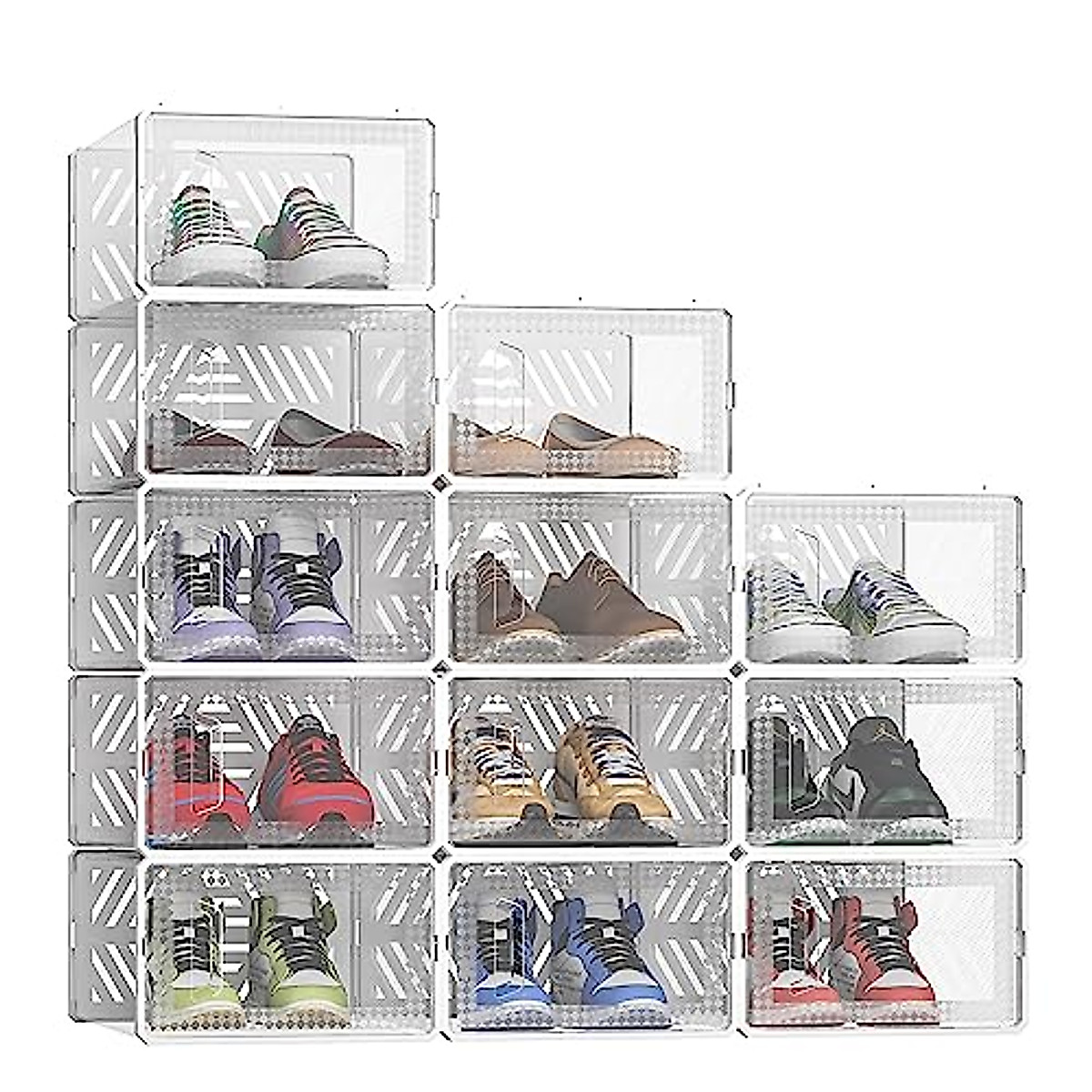 JOISCOPE 12 Pack Shoe Storage Boxes, Fit up to US Size 10, Clear PP Plastic Stackable Shoe Organizer for Closet, Space Saving Foldable Shoe Container Bins, for Entryway, White