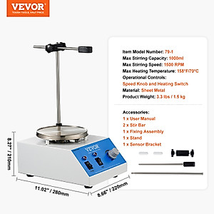 Happybuy Magnetic Stirrer 250W 158℉/70℃ Heating Hot Plate with Magnetic Stirrer 0-1600 RPM Adjustable 1000ML Lab Magnetic Stirrer Mixer with Stand Support, Stirring Bar