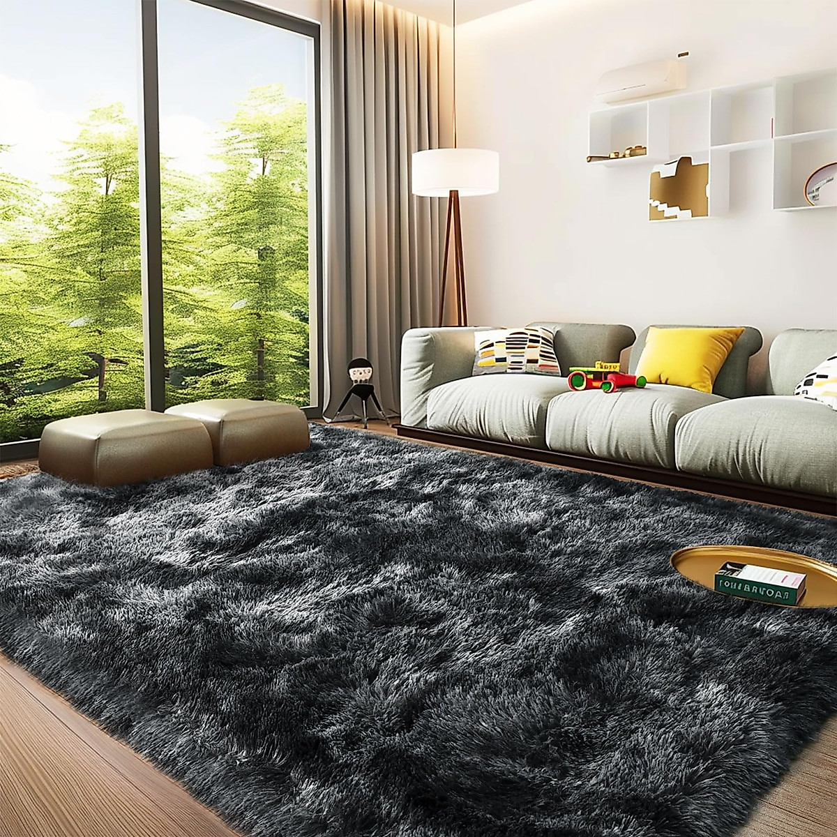 Shaggy Soft Fluffy Rug Non-Slip Indoor Floor Carpet for Living Room Anti-Skid Indoor Carpet Tie-Dyed Black Grey 2x3 Feet