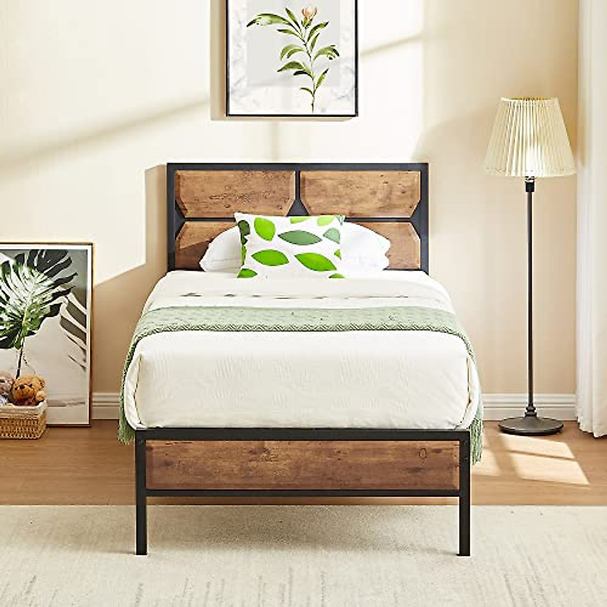 VECELO Twin Bed Frame Heavy Duty Metal Platform with Wooden Headboard Footboard Mattress Foundation 12 Strong Steel Slats Support Under Bed Storage/Easy Assemble