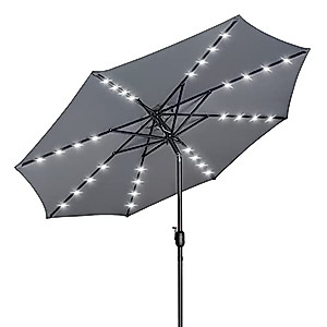 JMEXSUSS 9ft Patio Umbrella with Solar Lights, 32 LED Lighted Umbrella Outdoor Patio Table Umbrella, 8 Ribs Market Umbrella w/Tilt Adjustment and UV-Resistant Fabric, Grey
