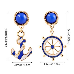 TIANBANGSHI Unique navy Nautical Ship Wheel Anchor Statement Drop Stud Earrings Asymmetry Blue Enamel wind Boat Anchor Dangle Earring for Women Fashion Jewelry (blue)