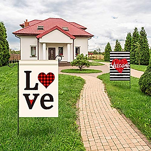 Garden Flag Double Sided, Buffalo Plaid Red Heart Love Valentines Day Flag Yard Outdoor Decoration, Holiday Spring Seasonal Small Vertical Banner Sign Anniversary Wedding Valentine 12.5 x 18.5 Inch