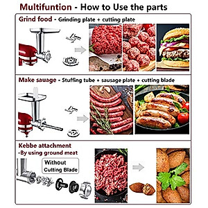 Metal Food Grinder Attachment for KitchenAid Stand Mixers, Kitchen aid Meat Grinder Included 3 Sausage Stuffer Tubes, 4 Grinding Plates, 2 Grinding Blades, Kubbe Meat Processor Accessories