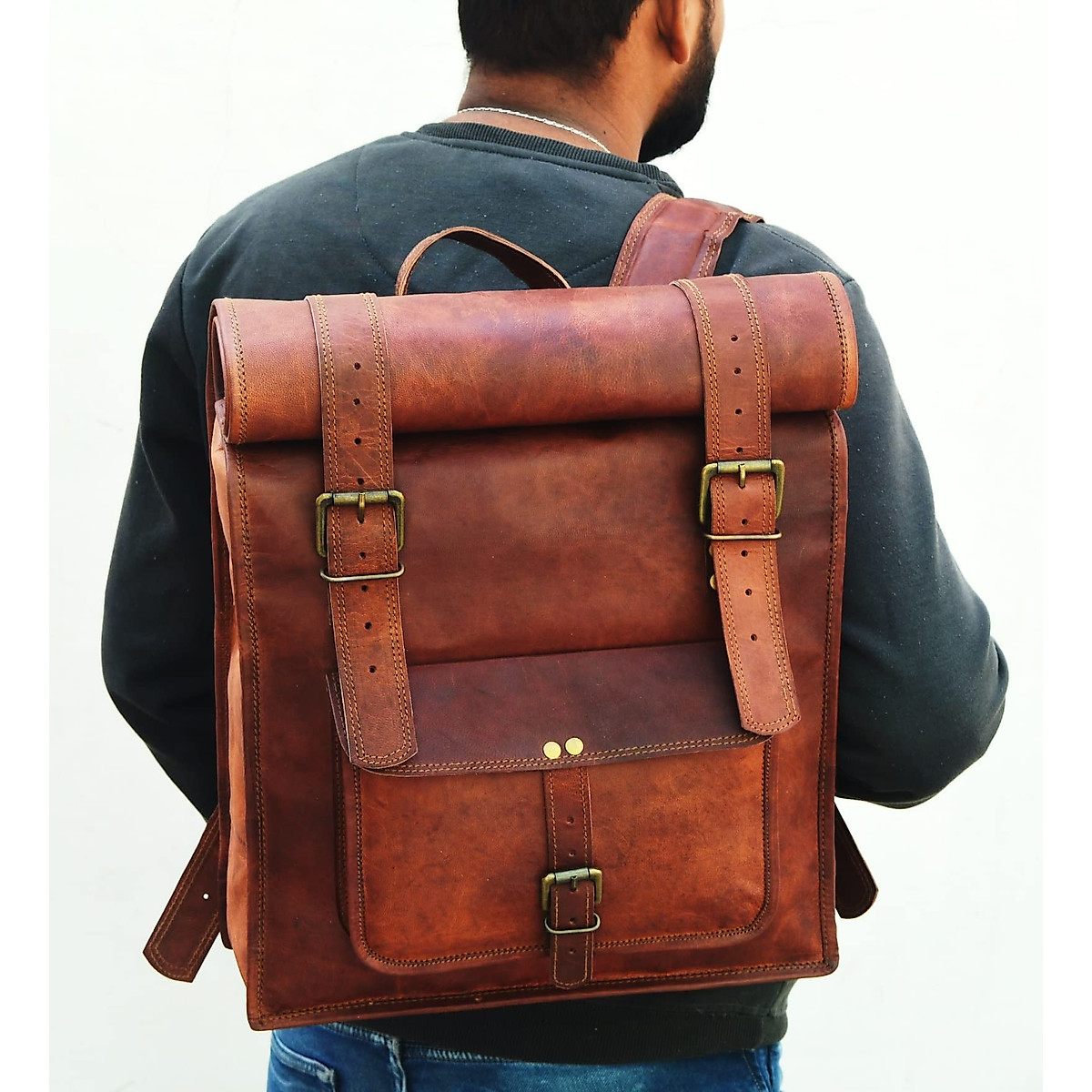 URBAN DEZIRE Men's Leather Vintage Roll On Laptop Backpack Rucksack knapsack college bag