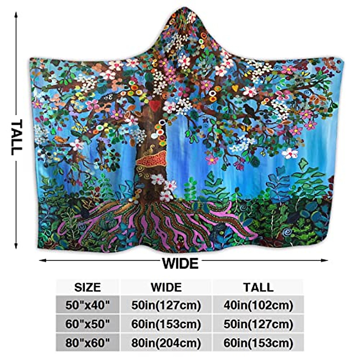 321DESIGN Blue Tree of Life Wearable Blanket Fleece Hooded Robe Cloak Throw Quilt Poncho Microfiber Sherpa Plush Warm Wrap Multiple-Size Adult(80"x60"in)