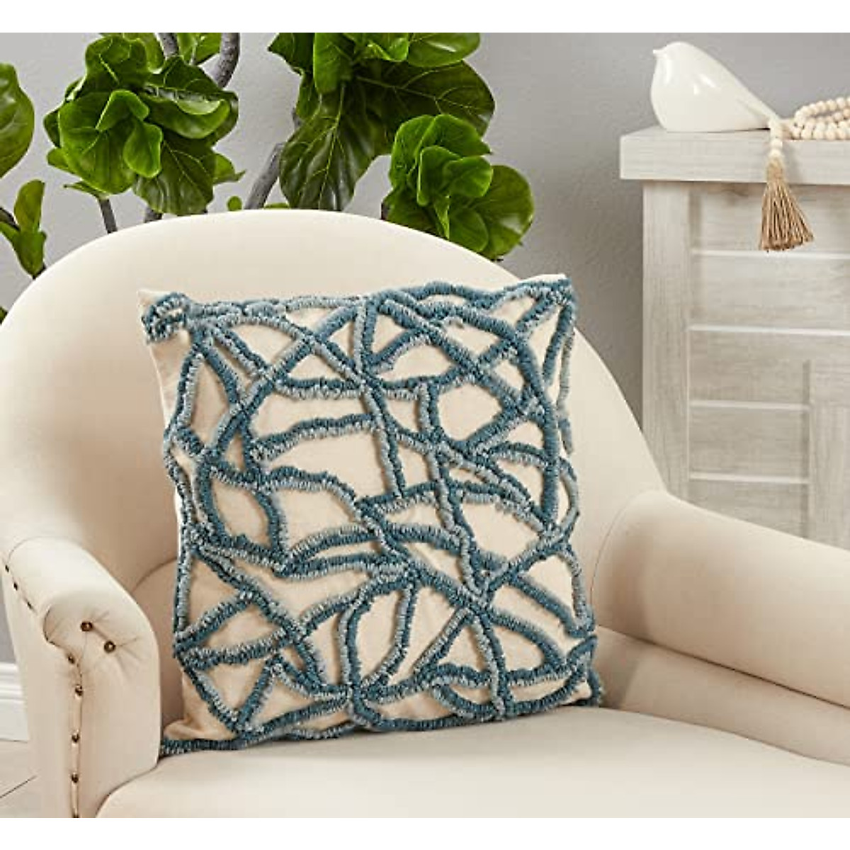 SARO LIFESTYLE Cracked Mosaic Embroidered Throw Pillow with Down Filling, Blue, 20"