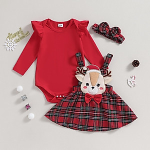 YINGISFITM My First Christmas Baby Girl Outfit Ruffle Long Sleeve Onesie Elk Embroidery Plaid Skirt Set Fall Winter Clothes (First Christmas Red, 6-9 Months)