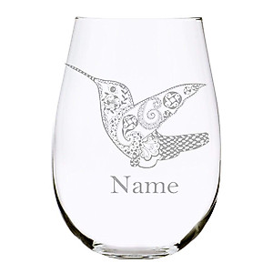 Hummingbird with name 17 oz. stemless wine glass