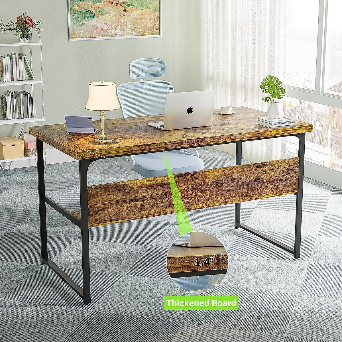 Unikito Computer Desk with Power Outlets, Executive Desk with Extra Thick Tabletop, Computer Office Desk Workstation with Bookshelf, Modern Simple Study Writing Table for Home Office, Rustic Brown
