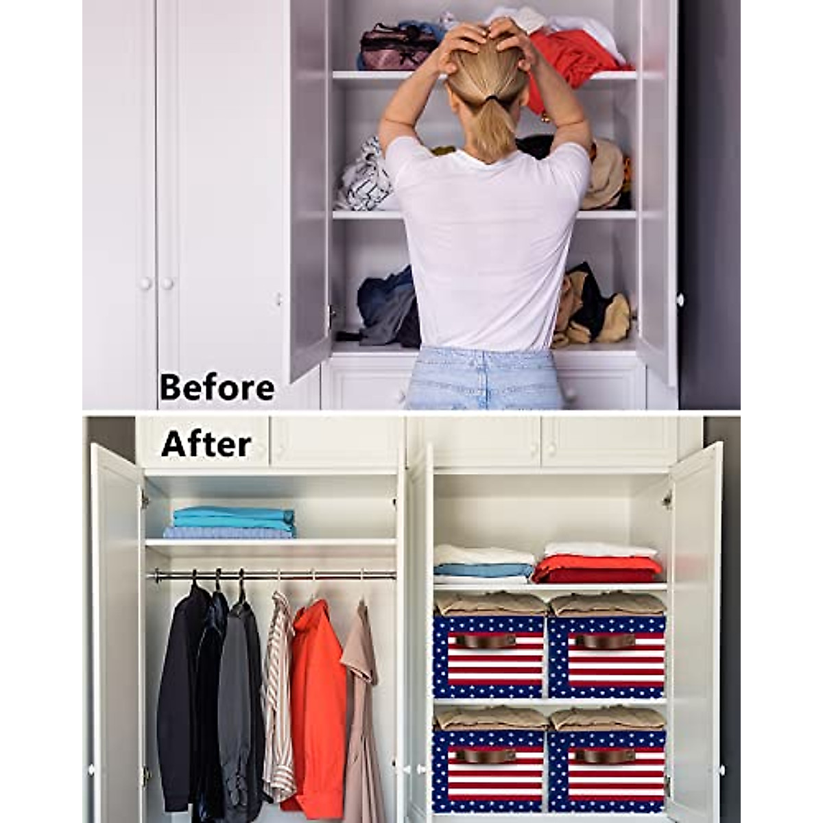 Storage Bins Large Storage Basket,Independence Day USA Flag Star Collapsible Storage Bins with Handle,Red White White Stripe Blue Storage Baskets Cube Organizer for Shelves Closet Nursery 1PC