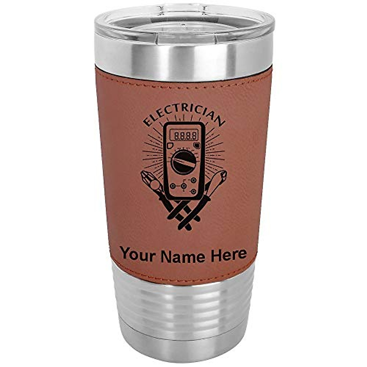 LaserGram 20oz Vacuum Insulated Tumbler Mug, Electrician, Personalized Engraving Included (Faux Leather, Dark Brown)