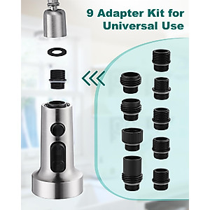 Pull Down Faucet Head Replacement: 3-Function Kitchen Faucet Sprayer Head Replacement with 9 Adapters - Brushed Nickel Sink Faucet Head Compatible with Moen, Delta, American Standard Faucets