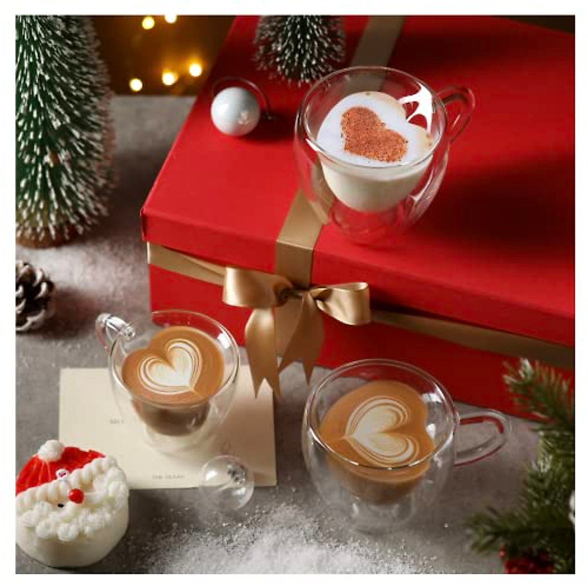CNGLASS Double Wall Heart Shaped Glass Coffee Mugs 8.5oz,Insulated Clear Tea Cups with Handle,Unique Glass Espresso Mugs for Coffee,Cappuccino,Latte,Milk,Set of 2
