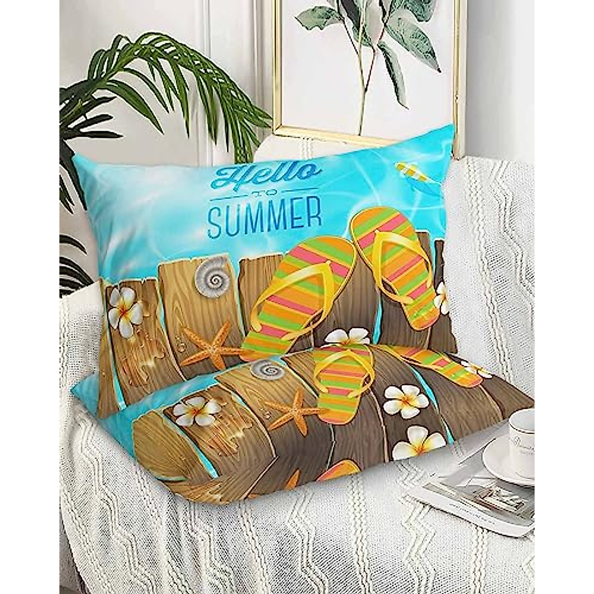 Edwiinsa Hello Summer Pillow Covers King Standard Set of 2 20x36 Bed Pillow, Tropical Ocean Starfish Slippers Spring Floral Plush Soft Comfort for Hair/Skin Cooling Pillowcases with Envelop Closure