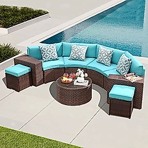 OC Orange-Casual 9-Piece Patio Furniture Set Half-Moon Sofa Outdoor All-Weather Wicker with Coffee Table & Set of Ottomans, Brown Rattan Turquoise Cushion (Pillows Included)