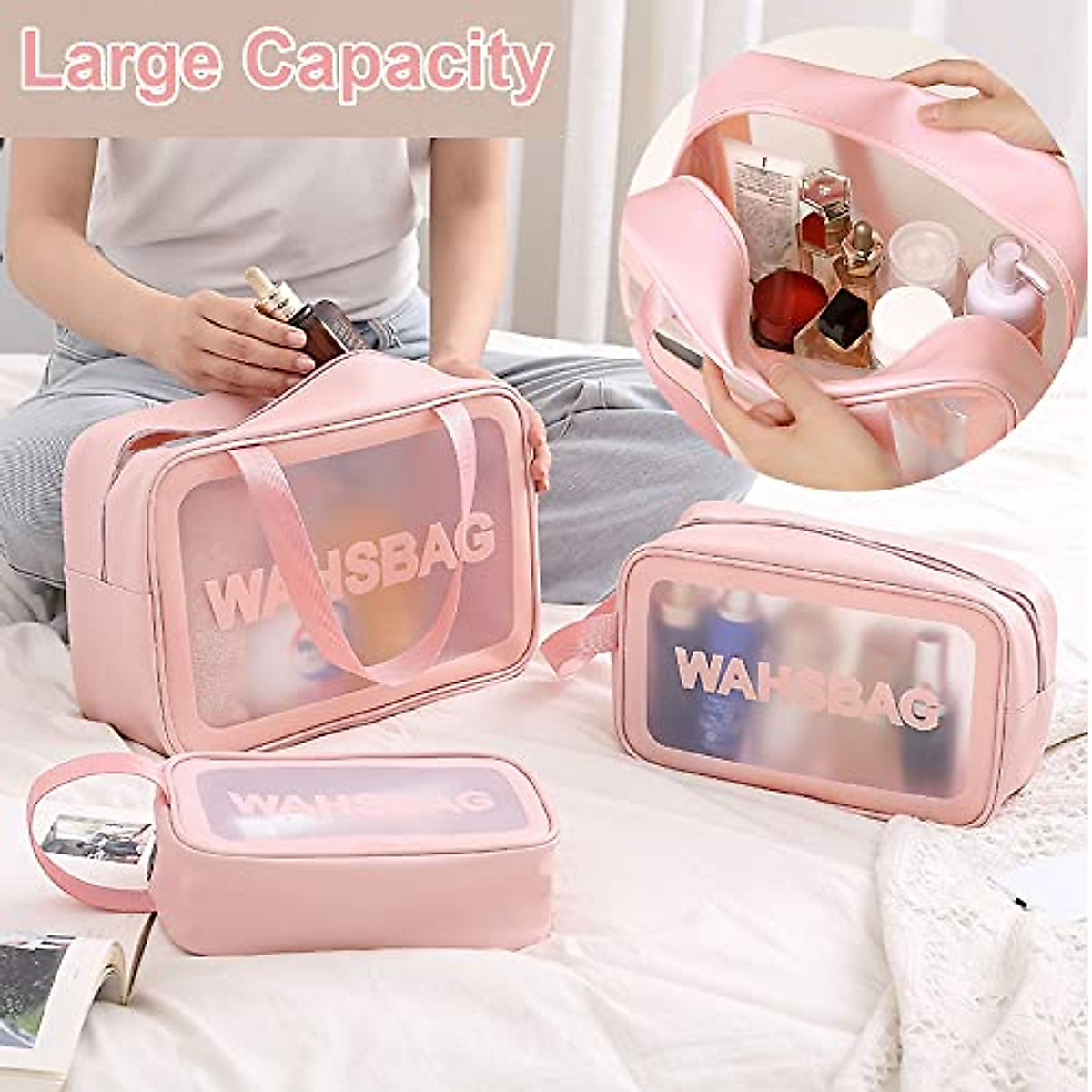 TOUYINGER Cosmetic Bag,3 Pcs Toiletry Bag Makeup Bag Travel Bag Set for Toiletries, Portable Toiletry Bags for Traveling Women, Translucent Waterproof Make Up Bag for Travel and Bathroom(3 Pcs-Pink)