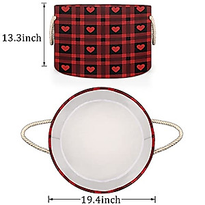 Red Love Heart Plaid Large Round Baskets for Storage Laundry Baskets with Handles Blanket Storage Basket for Bathroom Shelves Bins for Organizing Nursery Hamper Girl Boy