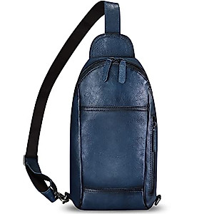 FEIGITOR Genuine Leather Sling Bag Handmade Retro Crossbody Sling Backpack Purse Chest Shoulder Hiking Daypack Fanny Pack (Blue)