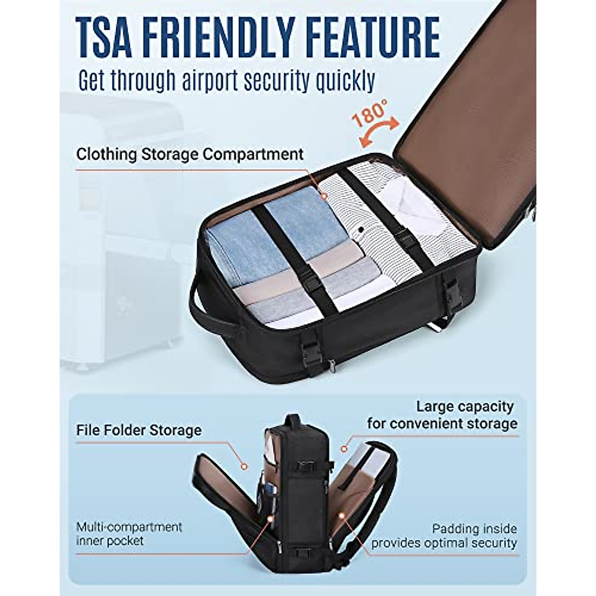 LIGHT FLIGHT Mens Travel Backpack, 36.5L Airline Approved 17.3 inch Laptop Backpack for Weekend Trip, Water-resistant Weekender Backpack for Business, Black