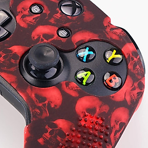 9CDeer Studded Protective Customize Transfer Printing Silicone Cover Skin Sleeve Case + 8 Thumb Grips Analog Caps for Xbox One/S/X Controller Skull Red Compatible with Official Stereo Headset