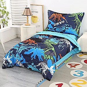 Wowelife Dinosaur Toddler Bedding Sets for Boys and Girls, Premium 4 Piece Dinosaur Skeleton Toddler Bed Set Blue, Super Soft and Comfortable for Toddler