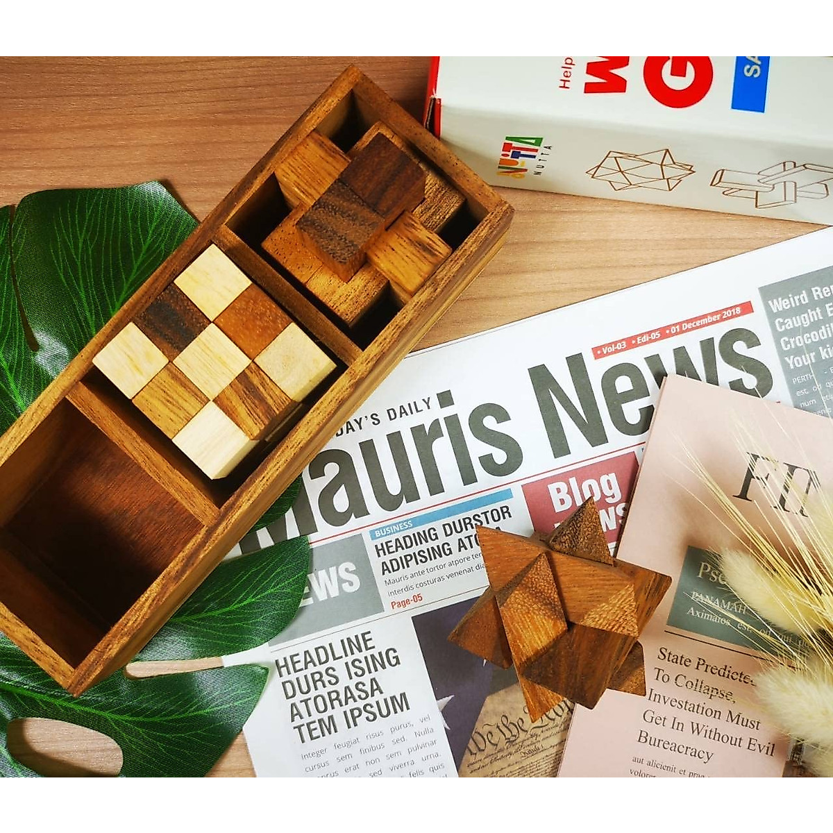 NUTTA - 3 in 1 Set Wooden Games Brain Teaser Wood Toy Desk Puzzle Coffee Table Decor Broad Game 3D Puzzles for Teens and Adults Fun Games Indoor Outdoor Camping Decorate Party Gift Christmas