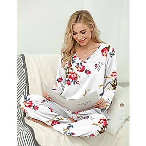 POKWAI Womens Pajama Sets Pajamas for Women Soft Comfy Casual Loose Pjs With Pockets(FP White,X-Large)