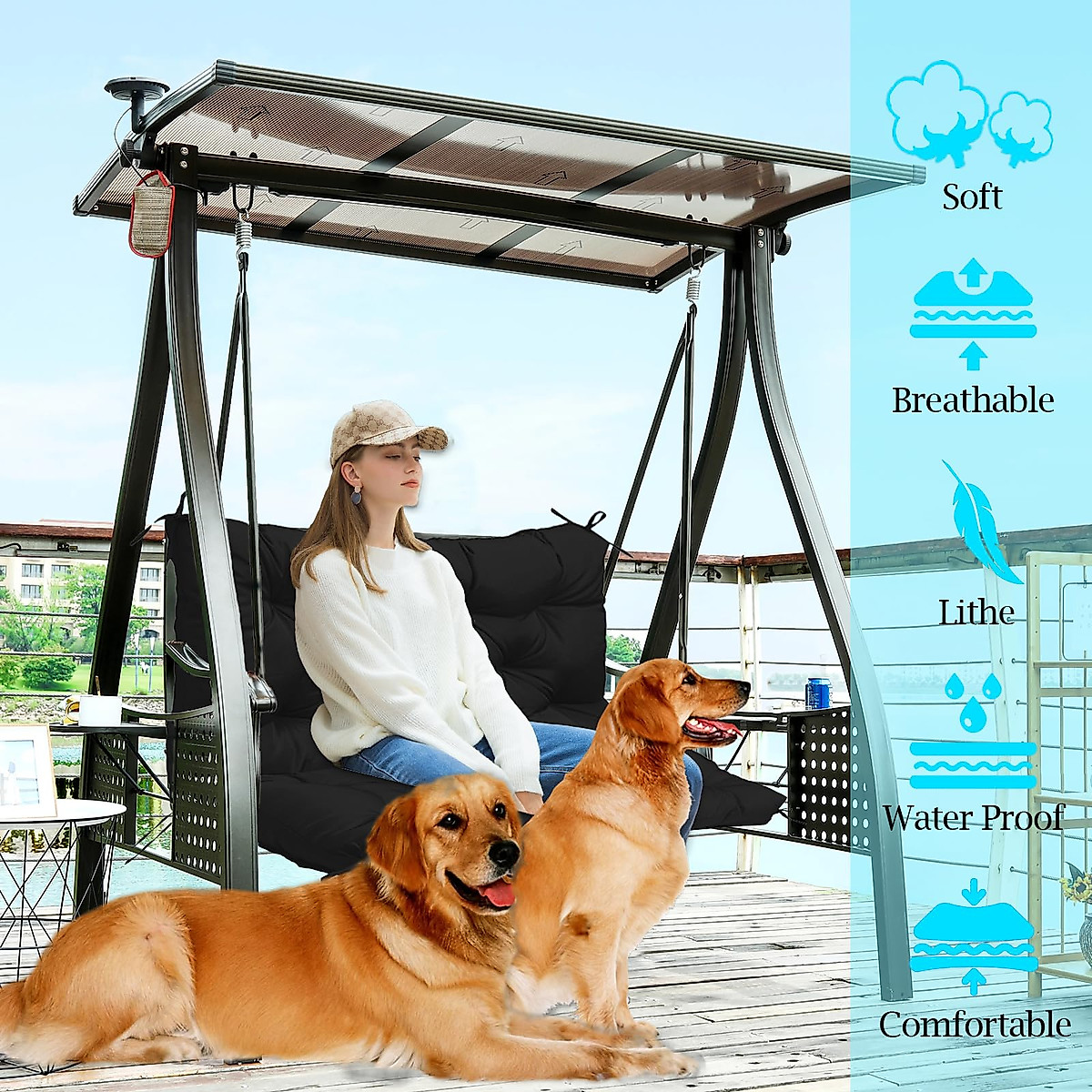 Boaisdus Porch Swing Cushions Outdoor Black 55 inch Waterproof Swing Cushions 3 Seater Replacement Thicken 4" Outdoor Swing Cushions with Ties for Outdoor Patio Garden Furniture Swing Cushions