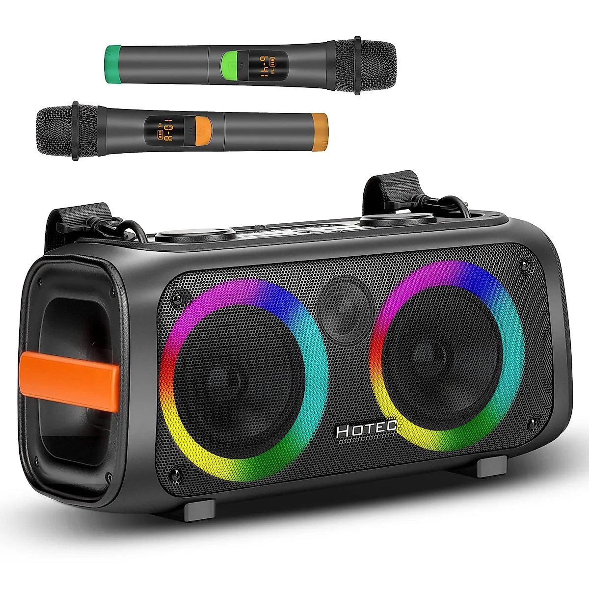 Hotec Karaoke Machine - Portable Bluetooth PA Speaker with Two Wireless Microphones, LED Party Lights, TF Card/USB Music, AUX Input, REC, and TWS for Adults and Kids