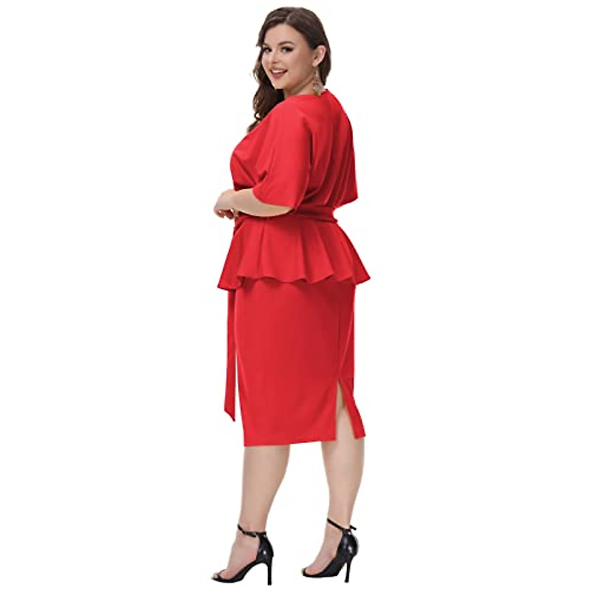 Hanna Nikole Peplum Dress for Women Plus Size Wedding Guest with Short Sleeves Sheath Dress Red 22 Plus