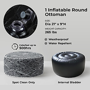 510 Design Inflatable Ottoman Stool Portable Round Pouf, Handle, Inflatable Foot Rest, Weatherproof & Water Repellent Indoor/Outdoor Ottomans for Patio Garden, Camping, Pool, D21 x 9" H, Black/White