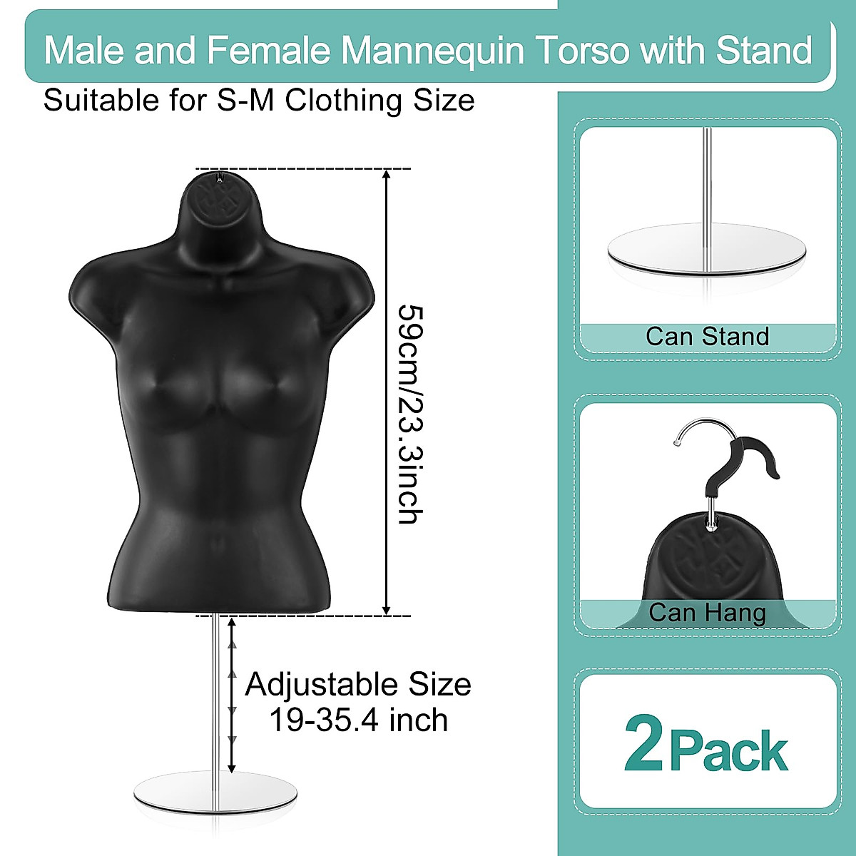 Geetery 2 Pieces Female Mannequin Torso Dress Form with Stand and Hanging Hook Table Top Mannequin Hollow Back Body for Counter Craft Show Photo Design Retail Store Exhibition, S-M Size (Black)