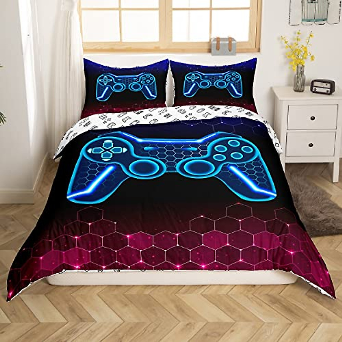 Gamer Bedding Set for Kids Boys Girls Gaming Honeycomb Geometric Comforter Cover Set King Size Video Game Gamepad Duvet Cover Bedroom Decor Gamer Blue Red Bedspread Cover Bedding Collection 3Pcs