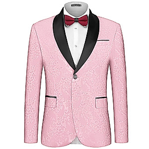 MAGE MALE Mens Floral Tuxedo Jacket Paisley Shawl Lapel One Button Blazer Jacket Slim Fit Dinner Party Prom Tuxedo Pale Pink