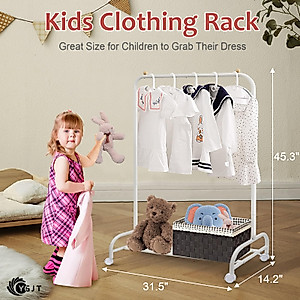 YGJT Kids Clothing Rack, Baby Clothes Rack for Hanging Clothes with Wheels and Bottom Storage Shelf, Small Toddler Garment Rack Kids Dress Up Storage Rack for Coats, Skirts, Dance Costume(White)