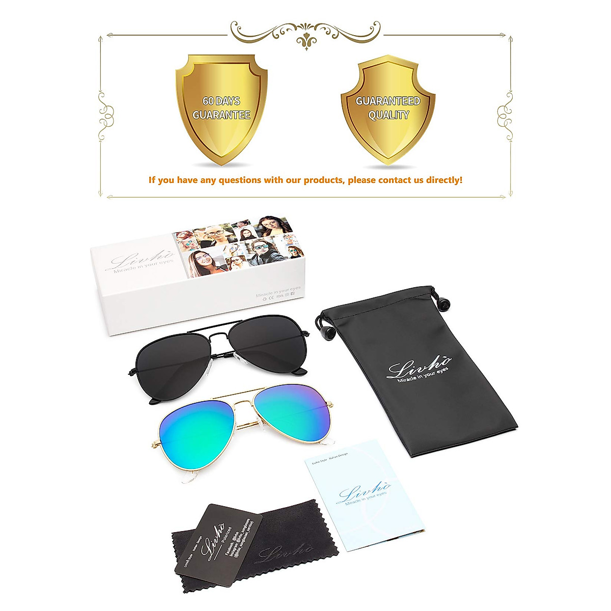 livho Sunglasses for Men Women Aviator Polarized Metal Mirror UV 400 Lens Protection