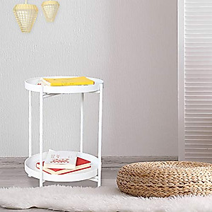 FUNME White Folding End Table 2-Tier Metal Round Side Table with Removable Tray for Living Room,(15.2”Dx20”H)