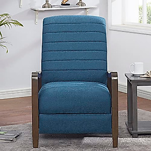 64" Push Back Recliner, Living Room Chair Fabric Mid-Century Modern Push Back Single Recliner with Solid Wood Arms & Base High Back Comfortable Bedroom Armchair for Office, Home Theater (Blue)