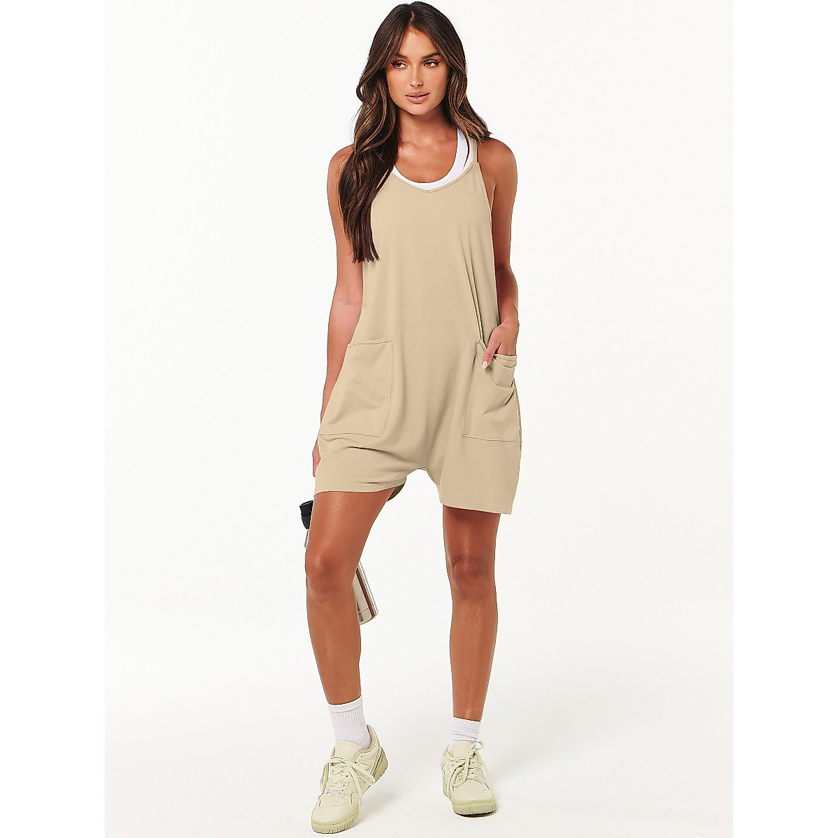 ANRABESS Womens Summer Casual Sleeveless Romper Loose Spaghetti Strap Overalls Shorts Jumpsuit with Pockets 2025 Clothes Small