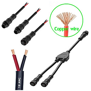 WOODGUILIN Y Shape 2 Pin Connector Outdoor LED Connector Splitter,16AWG Cable with Metal Nut for Automotive,Marine,Outdoor LED Strip.(1 Y Connector+3 Branch Heads)