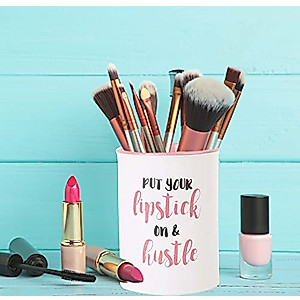 Palais Essentials bathroom decor Makeup Brush Holders Ceramic, Bathroom Accessories Make Up Cup Holder for Vanity Countertops (Lipstick Hustle, 4" Diameter)