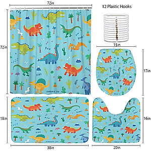 LOKMU 4 Pcs Shower Curtain Sets with Non-Slip Rugs, Toilet Lid Cover and Bath Mat,Cute Cartoon Dinosaurs On Blue Waterproof Shower Curtain with 12 Hooks, Bathroom Decor Sets, 72"x 72"
