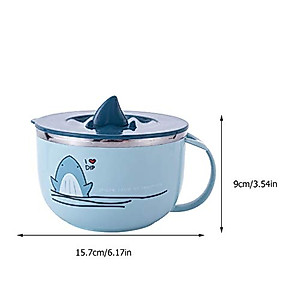 YARNOW 1000ml Noodle Bowl Stainless Steel Eating Bowl Shark Animal Style Blue Bowl Soup Breakfast Oat Grains Bowl with Lid Handle for Home