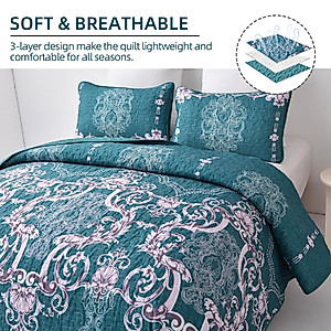 Dobuyly Teal Quilt Set Queen Size, 3 Pieces Boho Damask Green Bedspread Coverlet Set with 2 Pillowcases, Soft Lightweight Microfiber Luxury Quilt Bedding Set for All Season 96"x90"