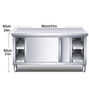 CHBMZ Stainless Steel Prep Table, W/Sliding Doors, Heavy Duty Workbench W/Cabinet, with Backsplash and Undershelf for Kitchen Restaurant (Size : 80x60x80cm/31x24x31in)