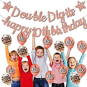 10th Birthday Decorations Banner Balloons - (22pack) Rose Gold Glitter Banner for Girls Boys, Double Digits Banner, Happy 10th Birthday. 20pcs 12 inch Balloons